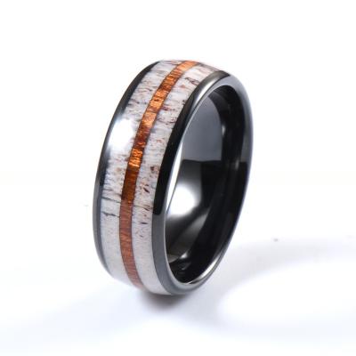 China Stunning Men's Wedding Band with Antler and Koa Wood Inlay Comfort Fit 8mm Black Tungsten for sale