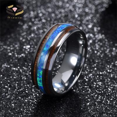 Cina Anello nuziale in carburo di tungsteno nero argento da 8 mm con intarsio in legno di Koa e opale blu in vendita