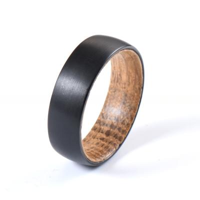 China Geometric Pattern 8mm Black Brushed Tungsten Carbide Ring with Whiskey Barrel Wood Inlay Exquisite Wedding Band for sale