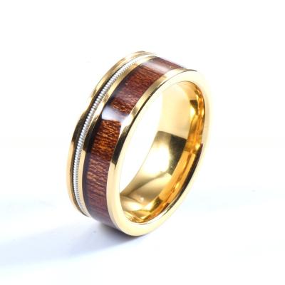 China Men Flat Gold Tungsten Carbide Ring Koa Wood And Guitar String Inlayed 8mm For Party for sale