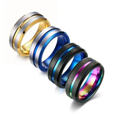 Cina Anello in tungsteno nero spazzolato blu oro da 8 mm con bordo smussato e scanalatura singola, fede nuziale da uomo, vestibilità confortevole in vendita