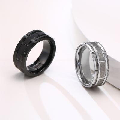 China Jewelry Type Rings Simple Wedding Engagement Ring for Men Classic Silver Black Tungsten Ring 8mm Double Groove Beveled Edge for sale