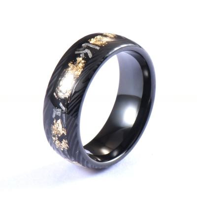 Cina Anelli in tungsteno damasco nero da 8 mm per Natale/Anno/Festa del papà per uomo, intarsi di foglie d'oro meteorite, fascia per matrimonio e fidanzamento in vendita