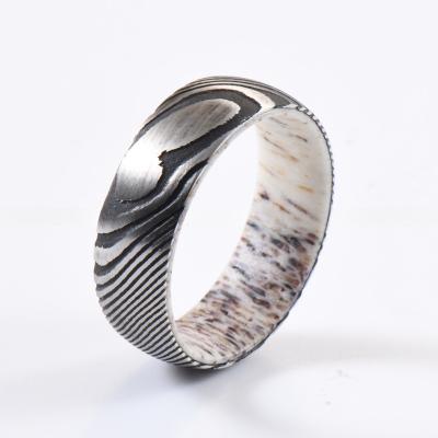 China Channel Setting Inlay Technology 8mm Dome Damascus Steel Ring With Natural Deer Antler Sleeve For Men's Wedding Engagement for sale