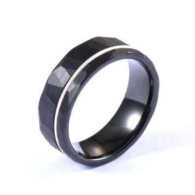 China Mens Fashion Black Faceted Finish Hammered Tungsten Wedding Band With White Guitar String Inlay Comfort Fit Invisible Setting for sale