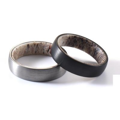 China 6mm Silver or Black Plated Wedding Engagement Band with Natural Deer Antler Inside Dome Edges Comfort Fit Geometric Shape for sale