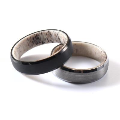 China Men's Women's 6mm Tungsten Ring with Silver or Black Plated Finish Natural Deer Antler Inlay and Beveled Edges Trendy Style for sale