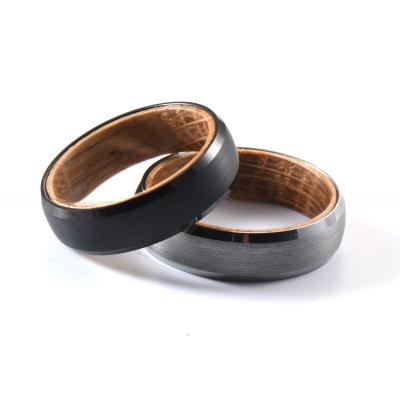 China Tungsten Ring Men's Women's 6mm Silver or Black Plated Wedding Band with Whiskey Barrel Wood Inside Beveled Edges Comfort Fit for sale