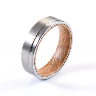 China TRENDY Style Custom 6mm Flat Offest Grooved Silver Wedding Band Whiskey Barrel Wood Inlay Tungsten Ring for Men Women for sale