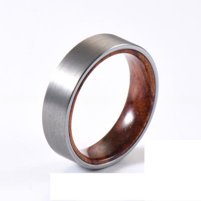 China Unisex 6mm Brushed Silver Tungsten Ring with Rose Wood Inner Flat Edges for Wedding Engagement Gift Men Women for sale