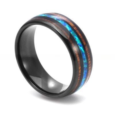 Cina Anello di tungsteno nero da 8 mm con legno e opale blu intaglio unisex matrimonio fidanzamento promessa regalo di anniversario in vendita