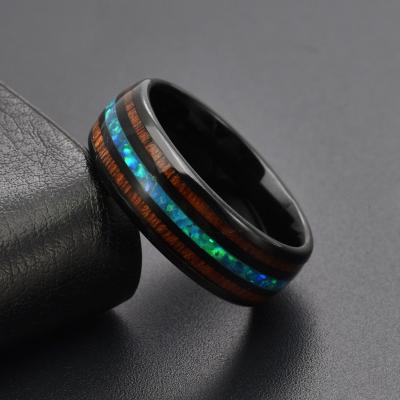 Cina Anello di tungsteno nero da 8 mm con legno e opale blu intaglio unisex matrimonio fidanzamento promessa regalo di anniversario in vendita