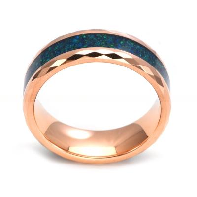 Cina 8mm Maschi Blu Opal Wedding Band Rosa Oro Faceted Tungsteno schiacciato colorato Opal Inlay lusso Anello di fidanzamento Promessa in vendita