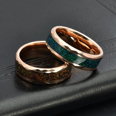 Cina 8mm Maschi Blu Opal Wedding Band Rosa Oro Faceted Tungsteno schiacciato colorato Opal Inlay lusso Anello di fidanzamento Promessa in vendita
