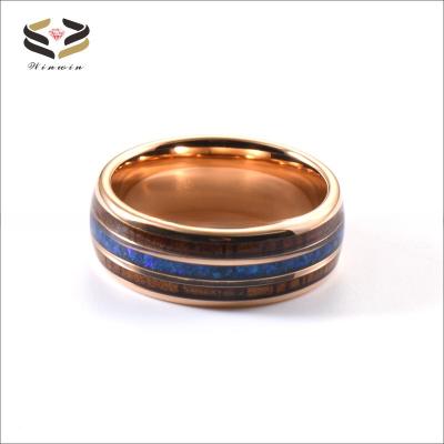 Cina Anello in carburo di tungsteno placcato oro rosa con intarsio in legno di Koa e opale blu unisex 8mm gioielli di moda fedi nuziali in vendita
