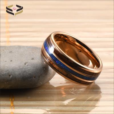 Cina Anello in carburo di tungsteno placcato oro rosa con intarsio in legno di Koa e opale blu unisex 8mm gioielli di moda fedi nuziali in vendita