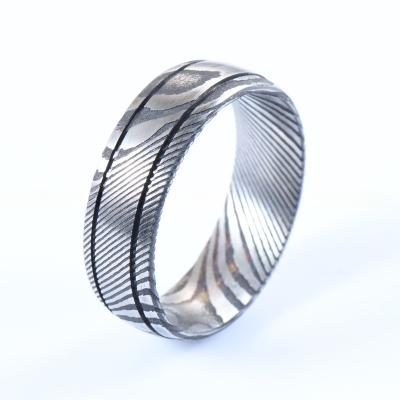 Cina Anello da uomo in acciaio Damasco nero 8mm con doppia scanalatura per fidanzamento e matrimonio in vendita