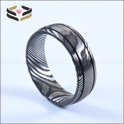 Cina Anello da uomo in acciaio Damasco nero 8mm con doppia scanalatura per fidanzamento e matrimonio in vendita
