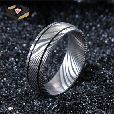 Cina Anello da uomo in acciaio Damasco nero 8mm con doppia scanalatura per fidanzamento e matrimonio in vendita