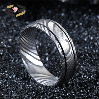 Cina Anello da uomo in acciaio Damasco nero 8mm con doppia scanalatura per fidanzamento e matrimonio in vendita