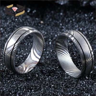 Cina Anello da uomo in acciaio Damasco nero 8mm con doppia scanalatura per fidanzamento e matrimonio in vendita