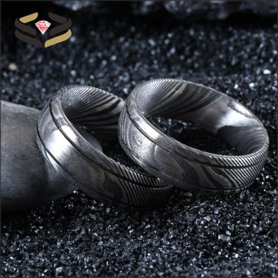 Cina Anello da uomo in acciaio Damasco nero 8mm con doppia scanalatura per fidanzamento e matrimonio in vendita