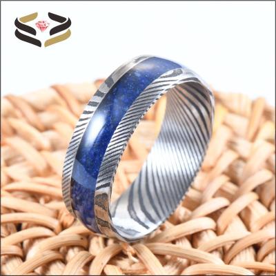 Cina Fede Nuziale in Acciaio Damasco da Uomo con Perizia di Terzi 8mm con Intarsio in Lapislazzuli in vendita