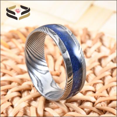 Cina Fede Nuziale in Acciaio Damasco da Uomo con Perizia di Terzi 8mm con Intarsio in Lapislazzuli in vendita