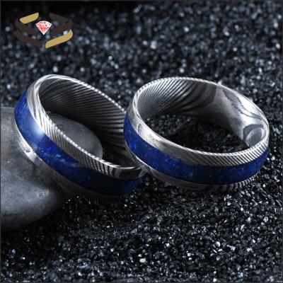 Cina Fede Nuziale in Acciaio Damasco da Uomo con Perizia di Terzi 8mm con Intarsio in Lapislazzuli in vendita