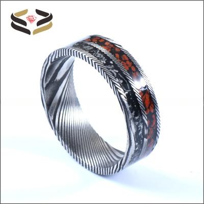Cina Fedi Nuziali Rotonde e Piatti in Acciaio Damasco da Uomo 8mm con Intarsio di Meteorite e Osso di Dinosauro in vendita