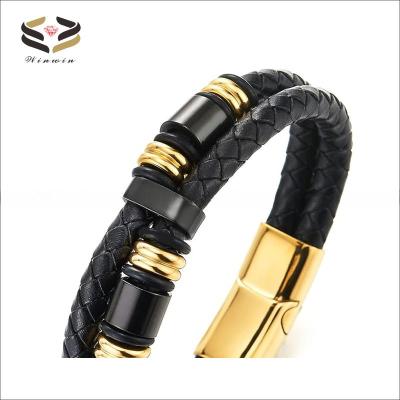 Cina Bracciale in pelle geometrico da polso a doppia fila intrecciato nero con ornamenti in acciaio inossidabile in vendita