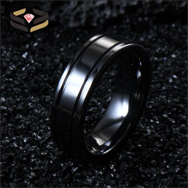 Quality Geometric Black Ceramic Wedding Band Double Grooved Line 6mm For Men Women for sale
