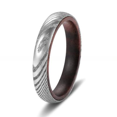China Stylish 4mm Damascus Steel and Rosewood Inner Wedding Bands for Newlywed Couples for sale