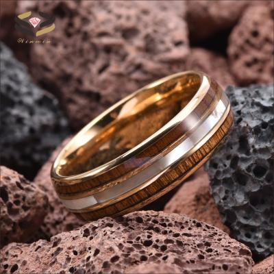 Cina Tipo di gioiello: Anelli, Anello da uomo in tungsteno oro rosa 8mm con intarsio in legno di Koa e conchiglia bianca, Tipo di materiale: Altro gioiello in vendita