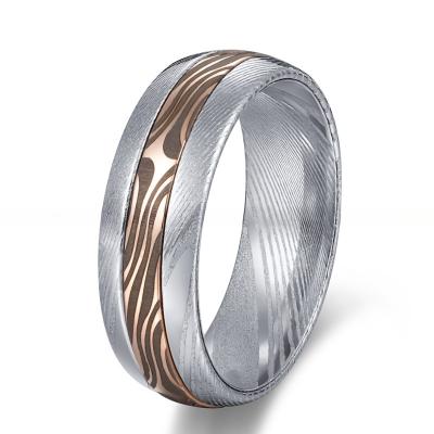 China Damascus Steel Jewelry Main Material 8mm Lasered Rose Gold Mokume Gane Inlay Wedding Band for Unisex for sale