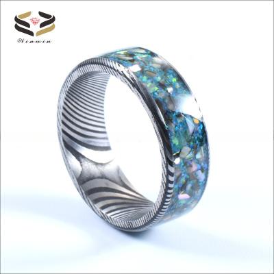 Cina 8mm Damasco Acciaio Maschile Anello di Nozze Con Opal Colorato E Shell Inlay in vendita