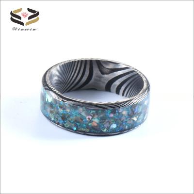 Cina 8mm Damasco Acciaio Maschile Anello di Nozze Con Opal Colorato E Shell Inlay in vendita