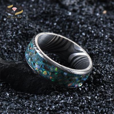 Cina 8mm Damasco Acciaio Maschile Anello di Nozze Con Opal Colorato E Shell Inlay in vendita