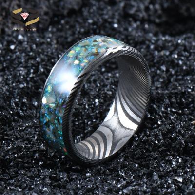Cina 8mm Damasco Acciaio Maschile Anello di Nozze Con Opal Colorato E Shell Inlay in vendita