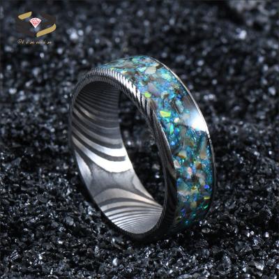 Cina 8mm Damasco Acciaio Maschile Anello di Nozze Con Opal Colorato E Shell Inlay in vendita