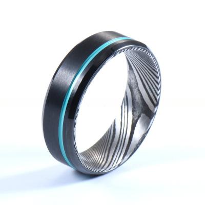 Cina Anello di matrimonio maschile in acciaio di Damasco di tungsteno nero 8 mm con linea a scanalatura turchese in vendita