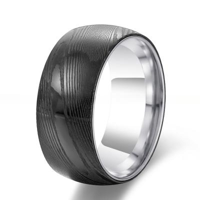 China 8mm Dome Black Mens Damascus Wedding Band Ring Inlaid Silver Tungsten Sleeve Comfort Fit Geometric Shape Pearl Type Other for sale