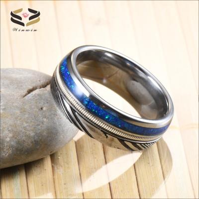Cina Fedi Nuziali in Acciaio Damasco da Uomo per la Caccia 8mm Opale Blu Intarsio Corda di Chitarra Argento in vendita