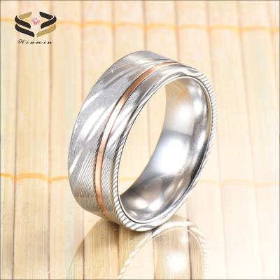 Cina Anelli da uomo in acciaio damasco da 8 mm con anima in tungsteno e intarsio in rame in vendita