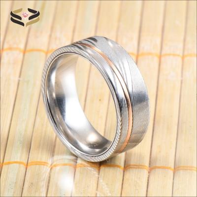 Cina Anelli da uomo in acciaio damasco da 8 mm con anima in tungsteno e intarsio in rame in vendita