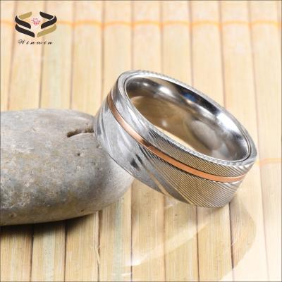 Cina Anelli da uomo in acciaio damasco da 8 mm con anima in tungsteno e intarsio in rame in vendita