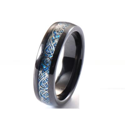 Cina Fede Nuziale in Ceramica Nera a Cupola 6mm con Intarsio in Fibra di Carbonio Blu e Drago Lucido in vendita
