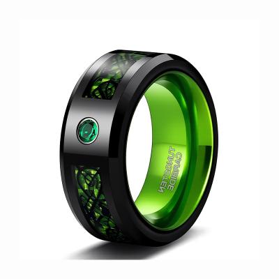 China 8MM Black Gun Plated Tungsten Wedding Band with Green Cubic Zirconia Inlay for Men and Women for sale