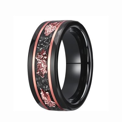 China 8mm Black Hammered Tungsten Wedding Band with Meteorite & Rose Gold Leaf Inlay - Scratch & Deformation Proof for sale
