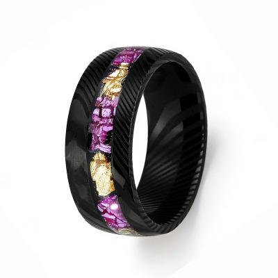 China 8mm Black Damascus Steel Ring with Amethyst & Gold Leaf Inlay - Stylish Wedding Band for Men and Women for sale